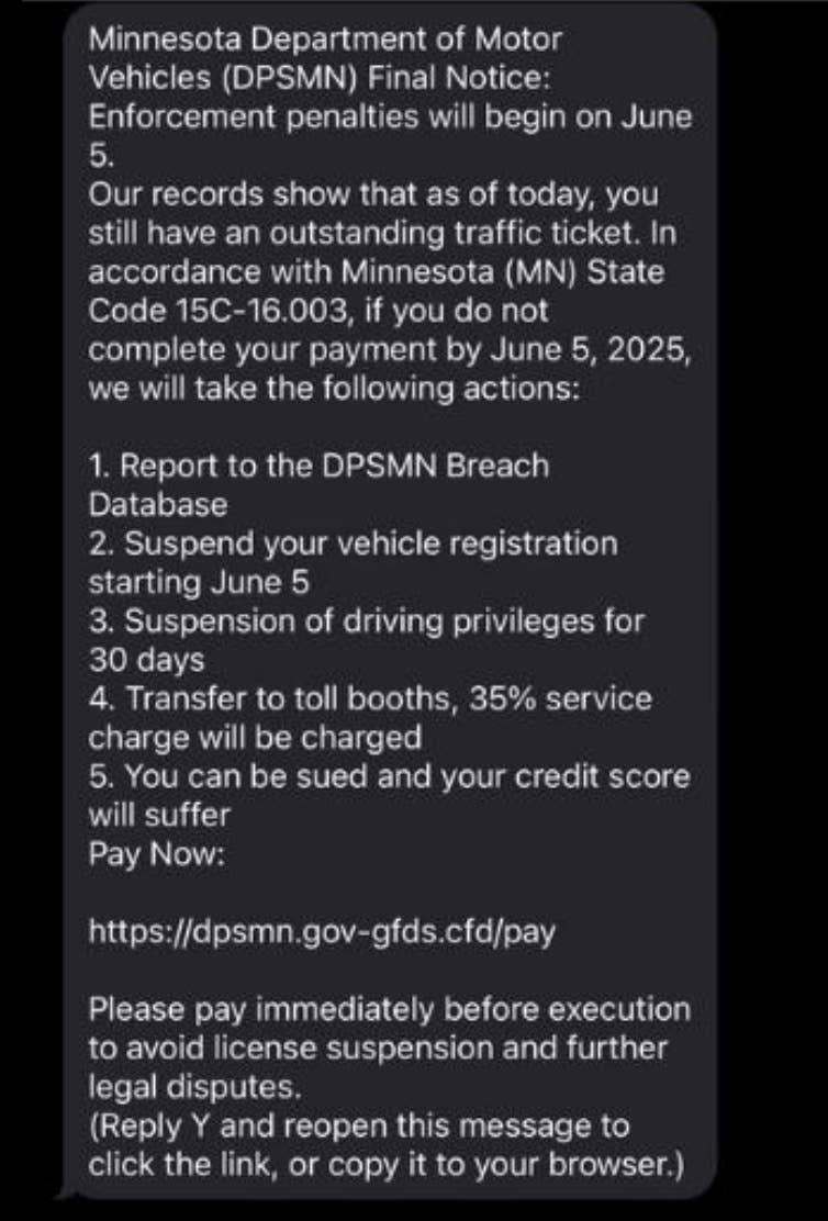 Minnesota officials warn of scam texts demanding traffic ticket ...