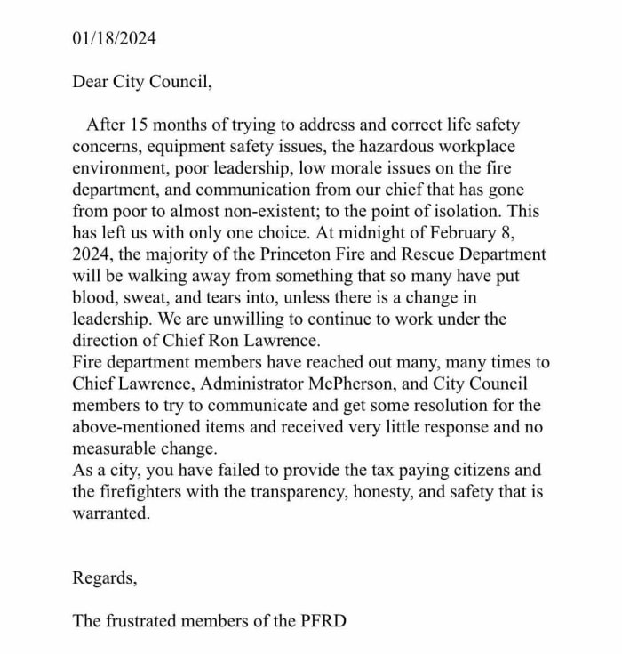 Majority of Princeton firefighters threaten to quit, citing frustrations with chief - Bring Me ...