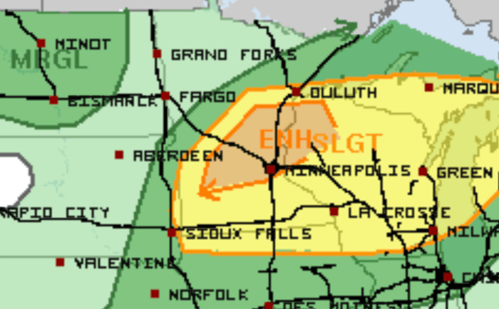 Severe risk elevated to 'enhanced' in the Twin Cities, central ...